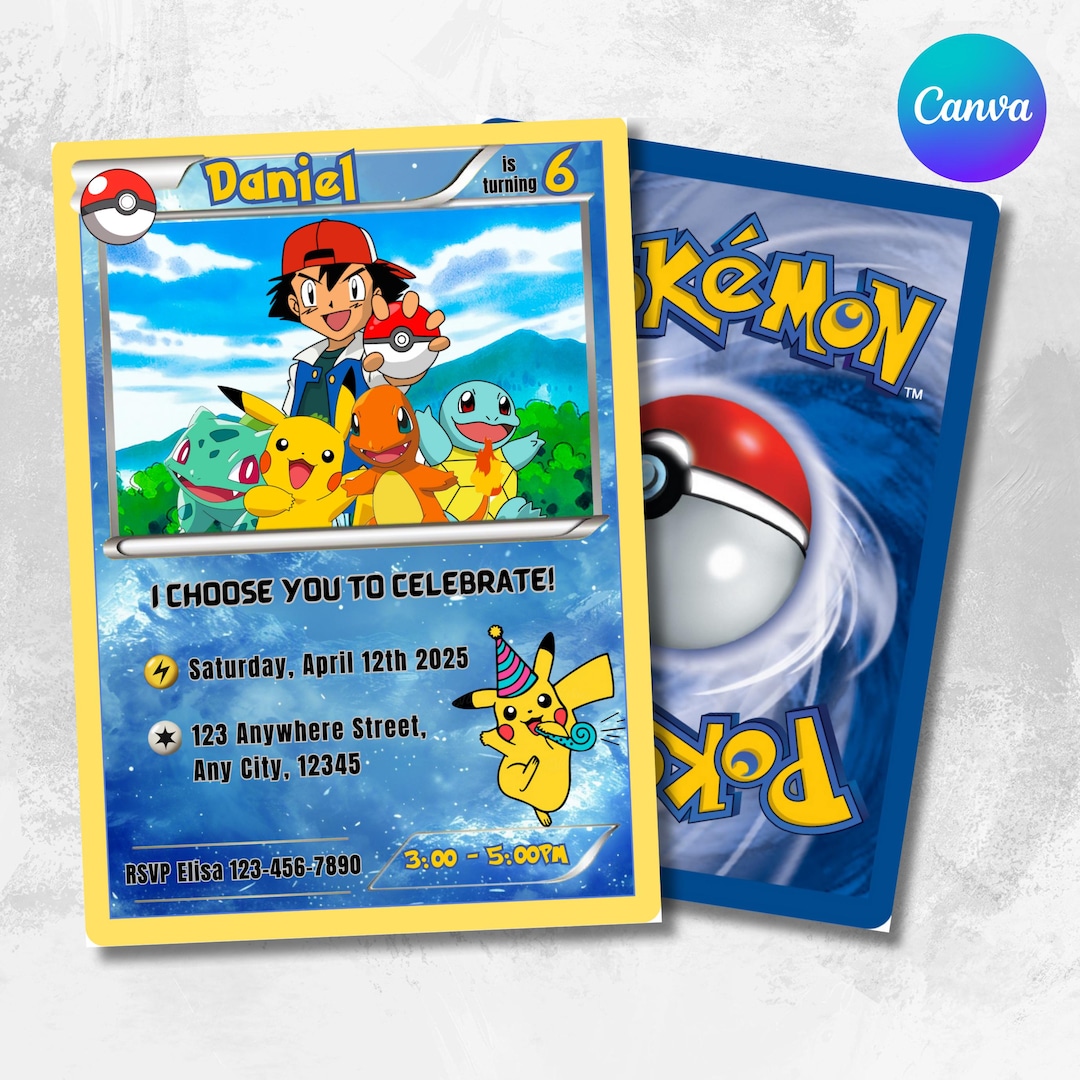 Invitación de cumpleaños de Pokémon, descarga instantánea, invitación ...