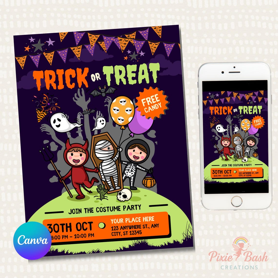 Trick or Treat Halloween Invitation Editable Template for Halloween ...