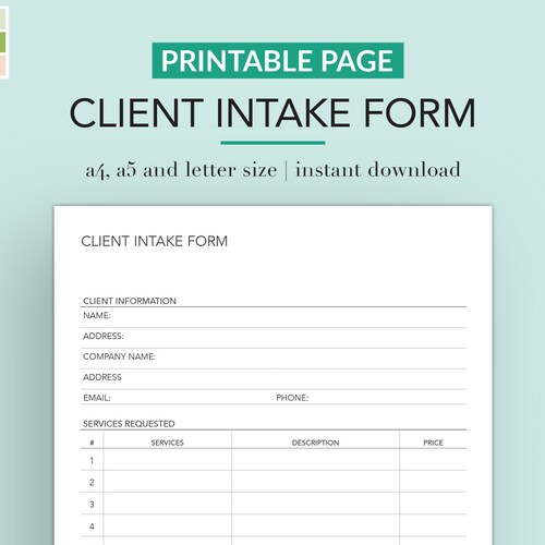 Client Intake Form Printable Client Manager New Client - Etsy