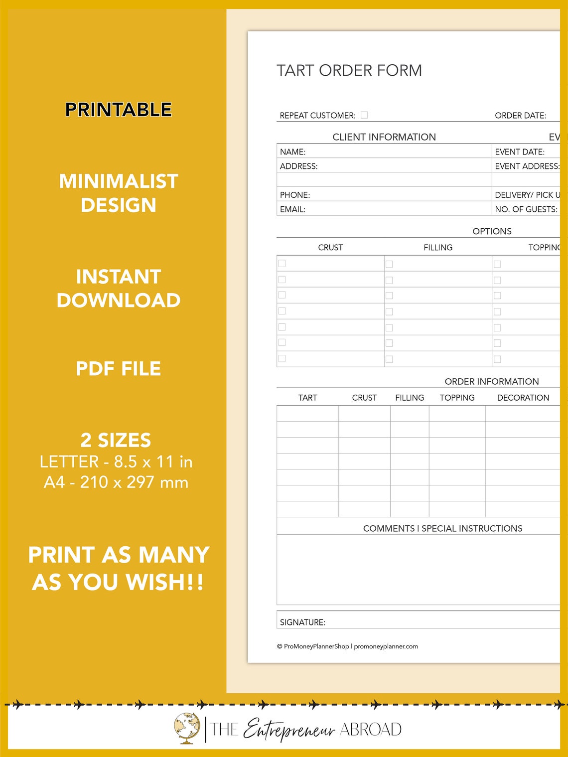 Tart Order Form | Bakery Form | Home Bakery Business | Bakery | Baking ...