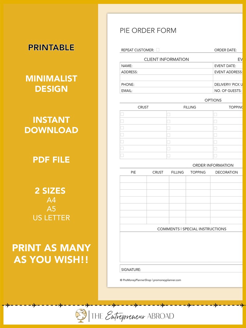 Pie Order Form | Bakery Form | Home Bakery Business | Bakery Order Form ...