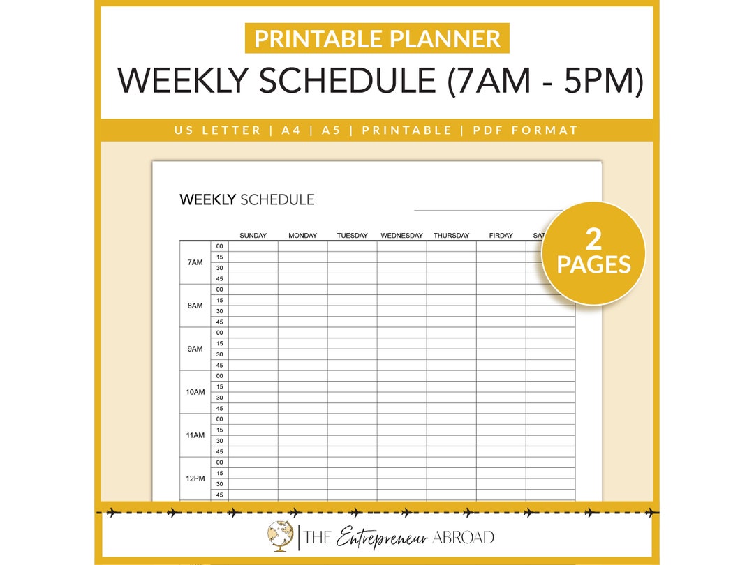 Weekly Schedule 7AM-5PM Planner | Printable | Productivity | Time ...