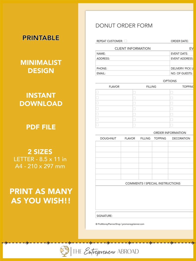 Donut Order Form | Bakery Form | Home Bakery Business | Bakery Order ...