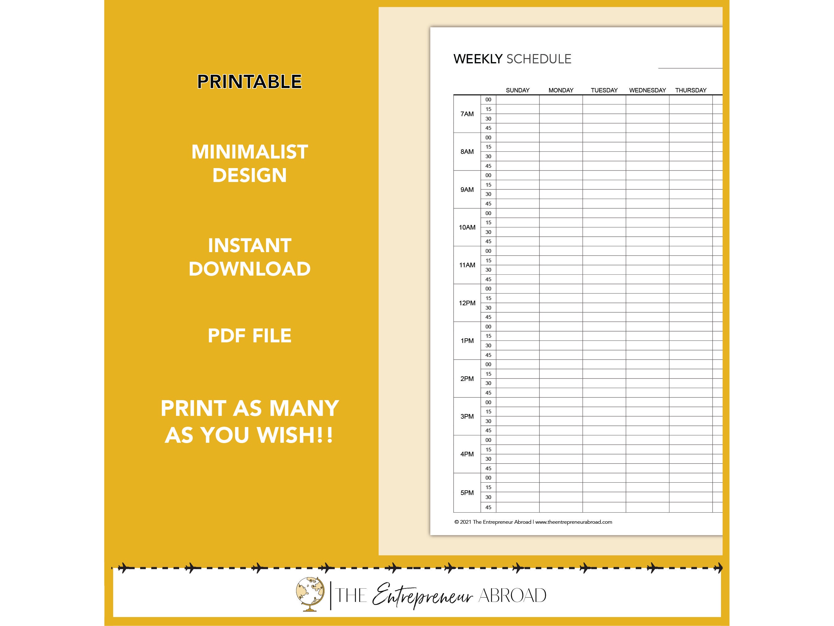 Weekly Schedule 7AM-5PM Planner Printable Productivity Time Management ...