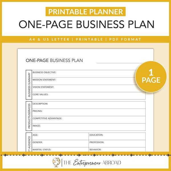 One Page Business Plan Printable - Etsy