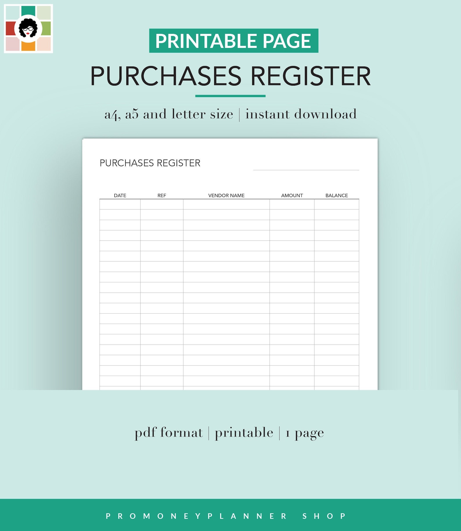 Purchases Register | PDF | Letter | A4 | A5 | Instant Download | Small ...