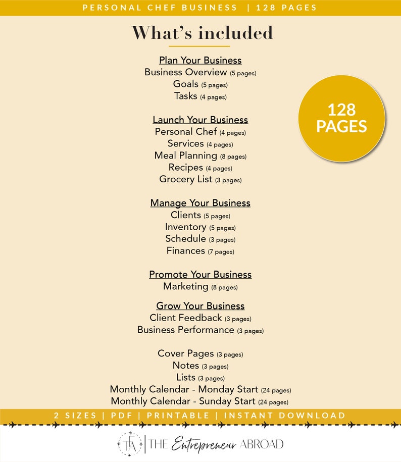 Personal Chef Business Planner Menu Planner Food Business - Etsy