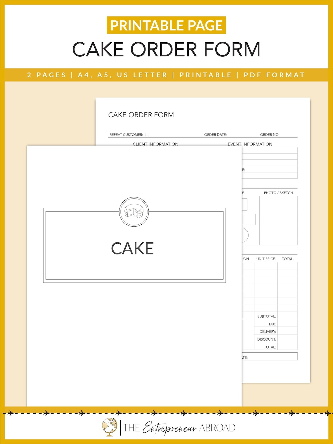 Cake Order Form | Bakery | Add Logo | Fillable | Printable | Baking ...