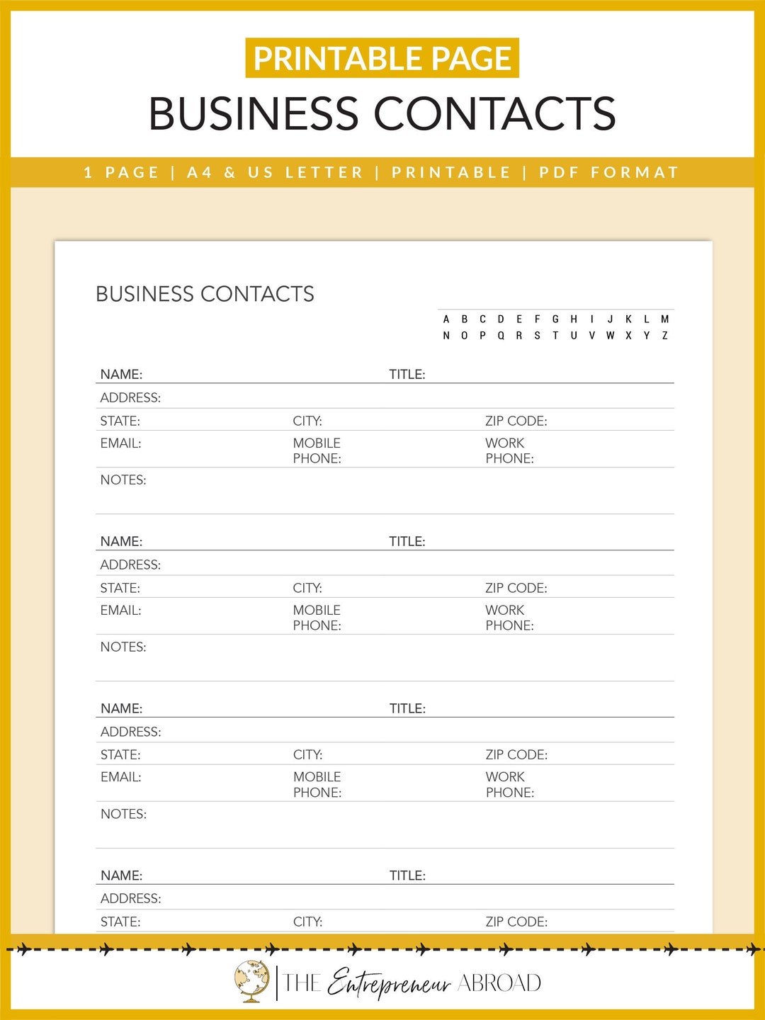 Business Contacts, Printable, Business Planner, Entrepreneur Planner ...