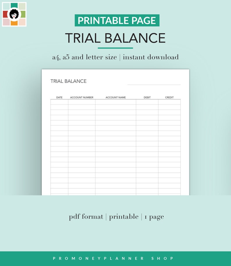 Trial Balance | Printable | PDF | Letter | A4 | A5 | Instant Download ...