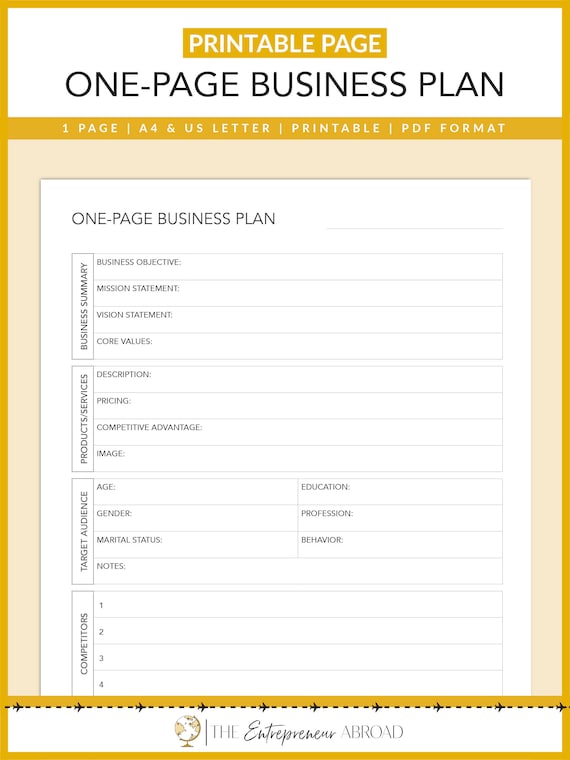 One Page Business Plan Printable Business Planner | Etsy