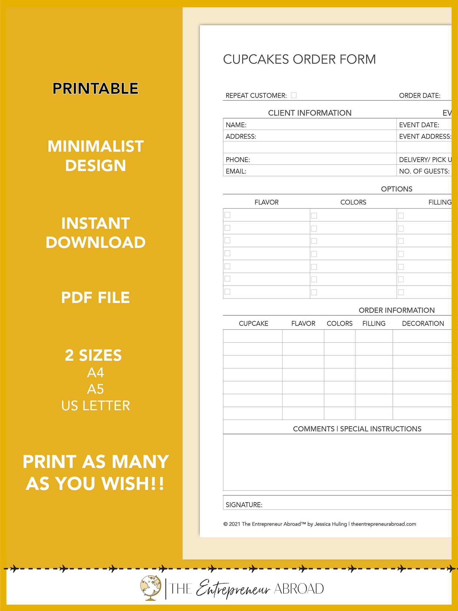 Cupcake Order Form | Bakery Form | Home Bakery Business | Bakery ...