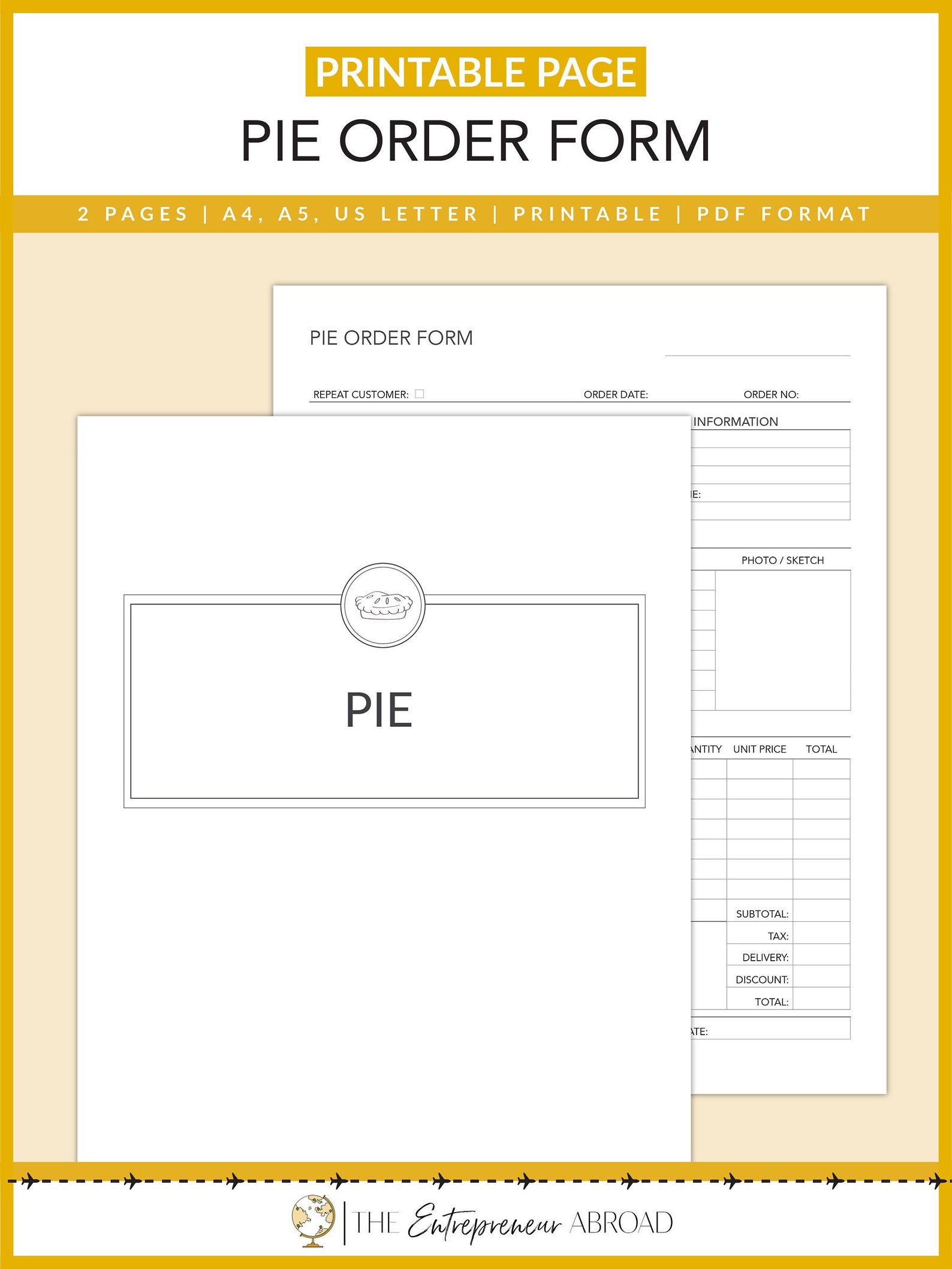 Pie Order Form | Bakery Form | Home Bakery Business | Bakery Order Form ...