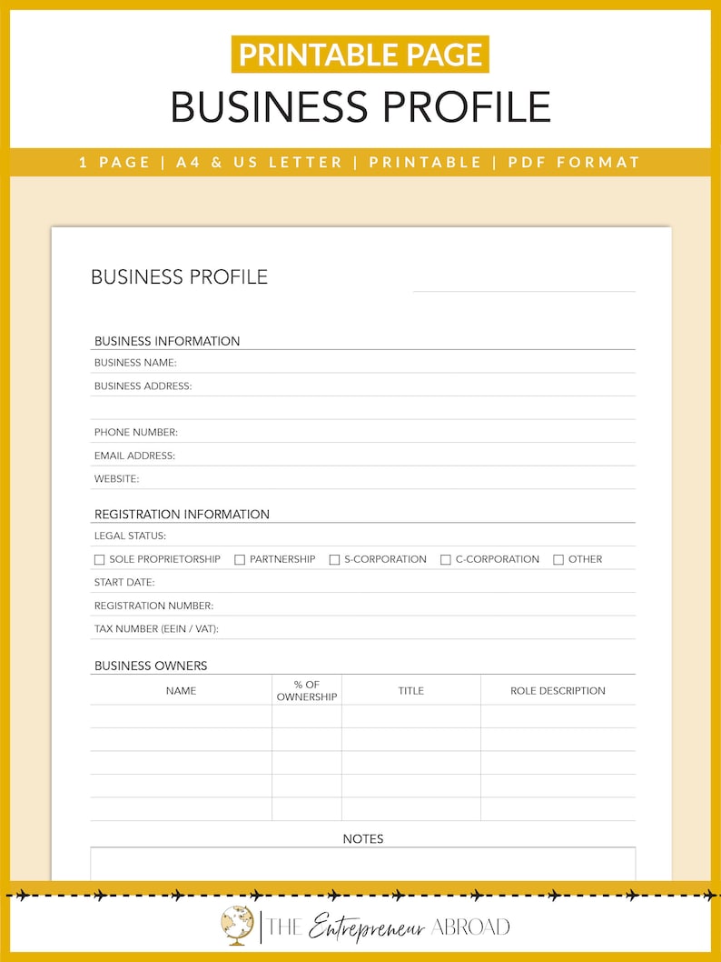 Business Profile, Printable, Business Planner, Entrepreneur Planner ...