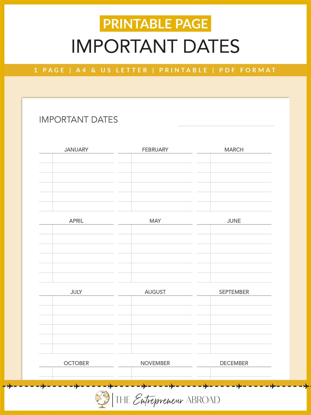 Important Dates | Printable | Productivity | Organization | Planner ...