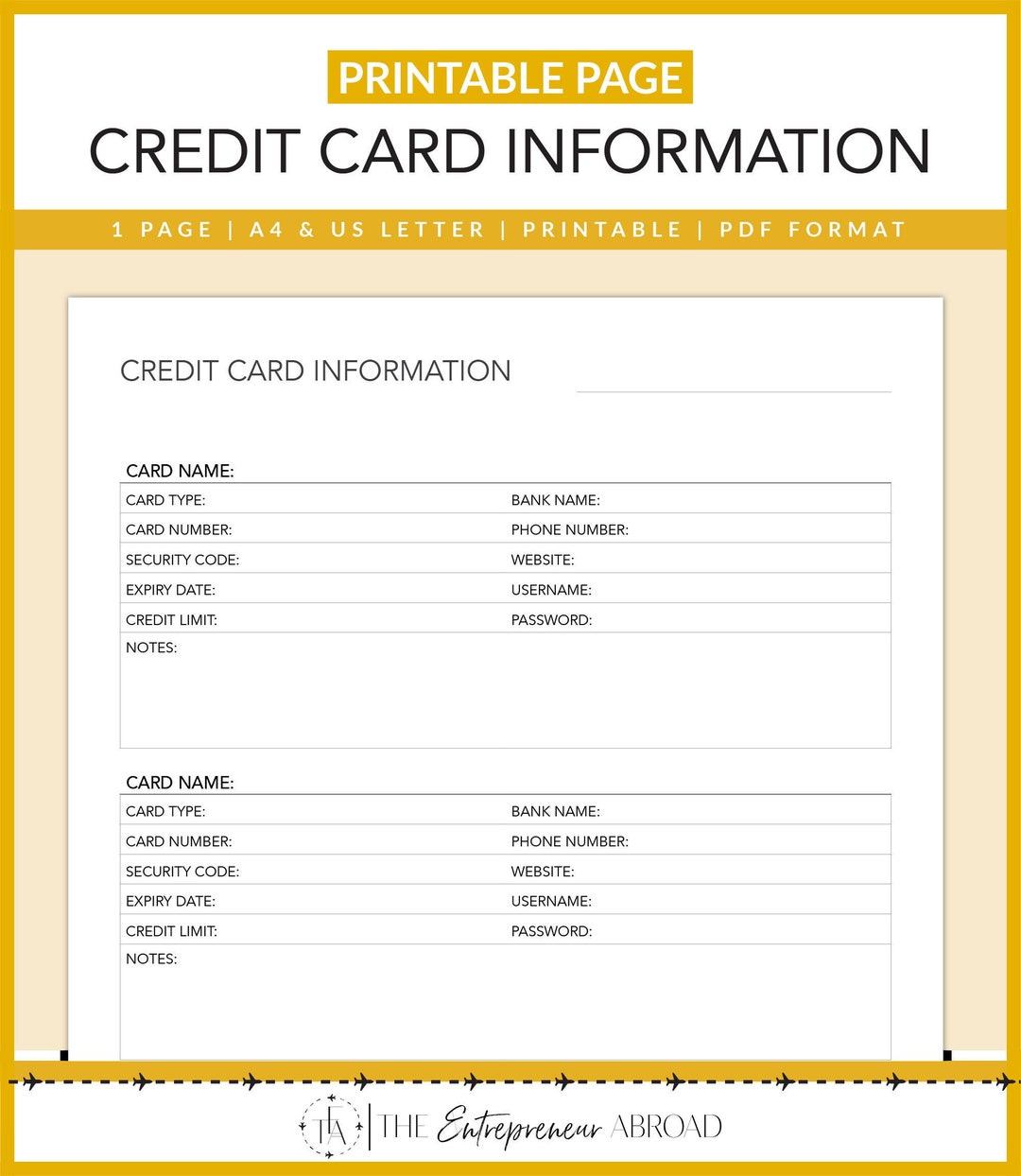 Credit Card Information Personal Finances Planner Debt Payoff Credit ...