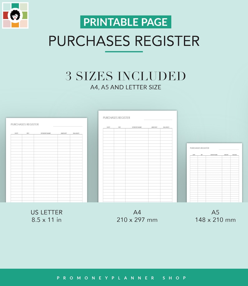 Purchases Register | PDF | Letter | A4 | A5 | Instant Download | Small ...