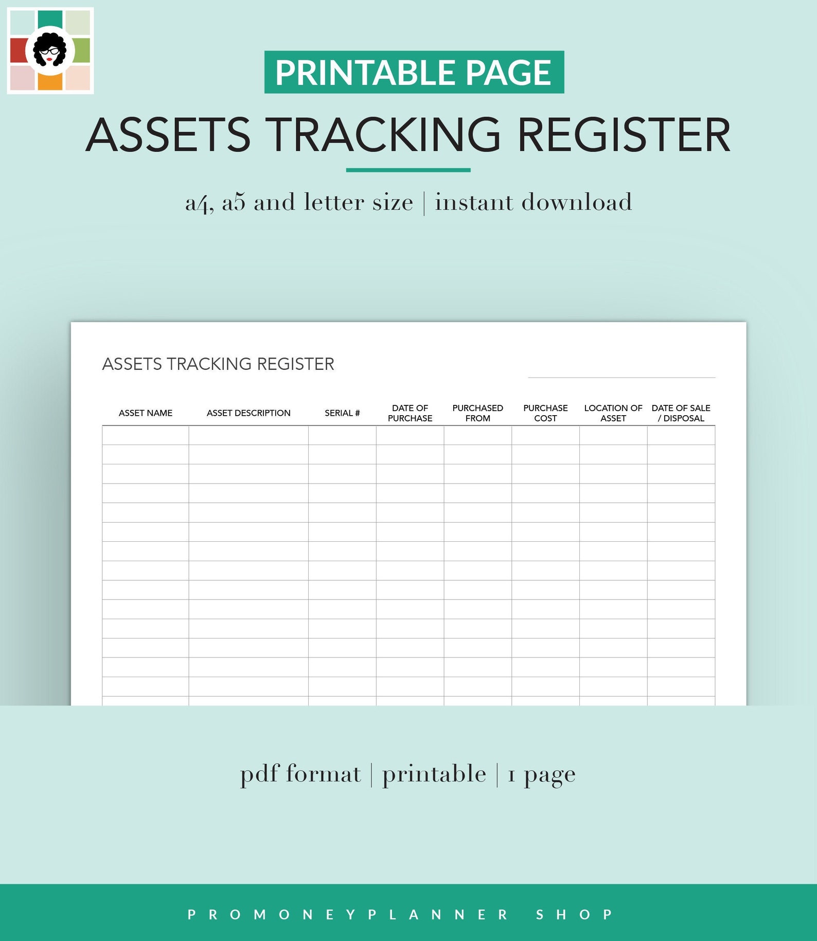 Assets Tracking Register PDF US Letter A4 A5 Instant Download Asset ...