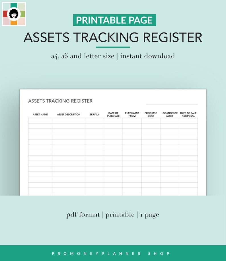 Assets Tracking Register PDF US Letter A4 A5 Instant Download Asset ...