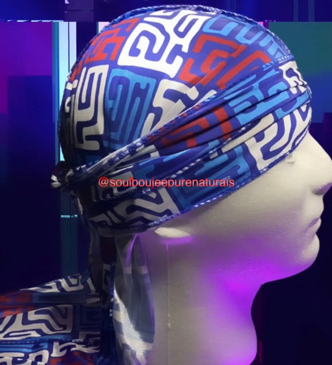 Men’s Designer Print Blue and Red Luxurious Silky Durag for Waves Braid ...