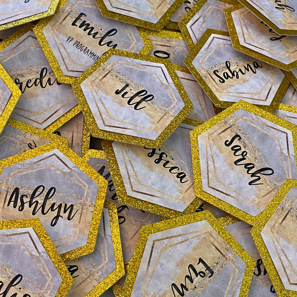 Glitter Hexagon Grey Watercolor Custom Name Tags - Etsy