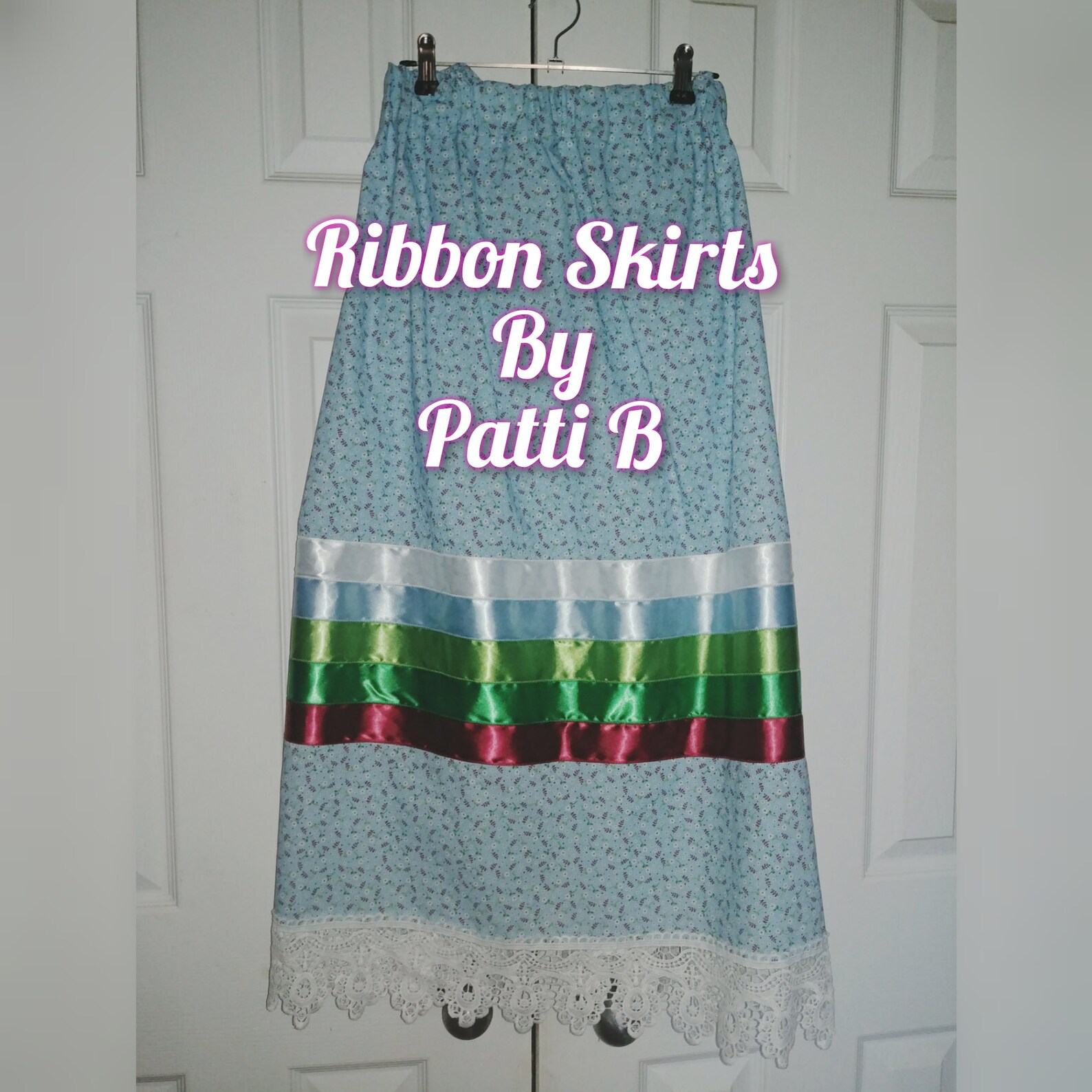 Blue with Light Florals Plus Size Ribbon Skirt with White Lace | Etsy