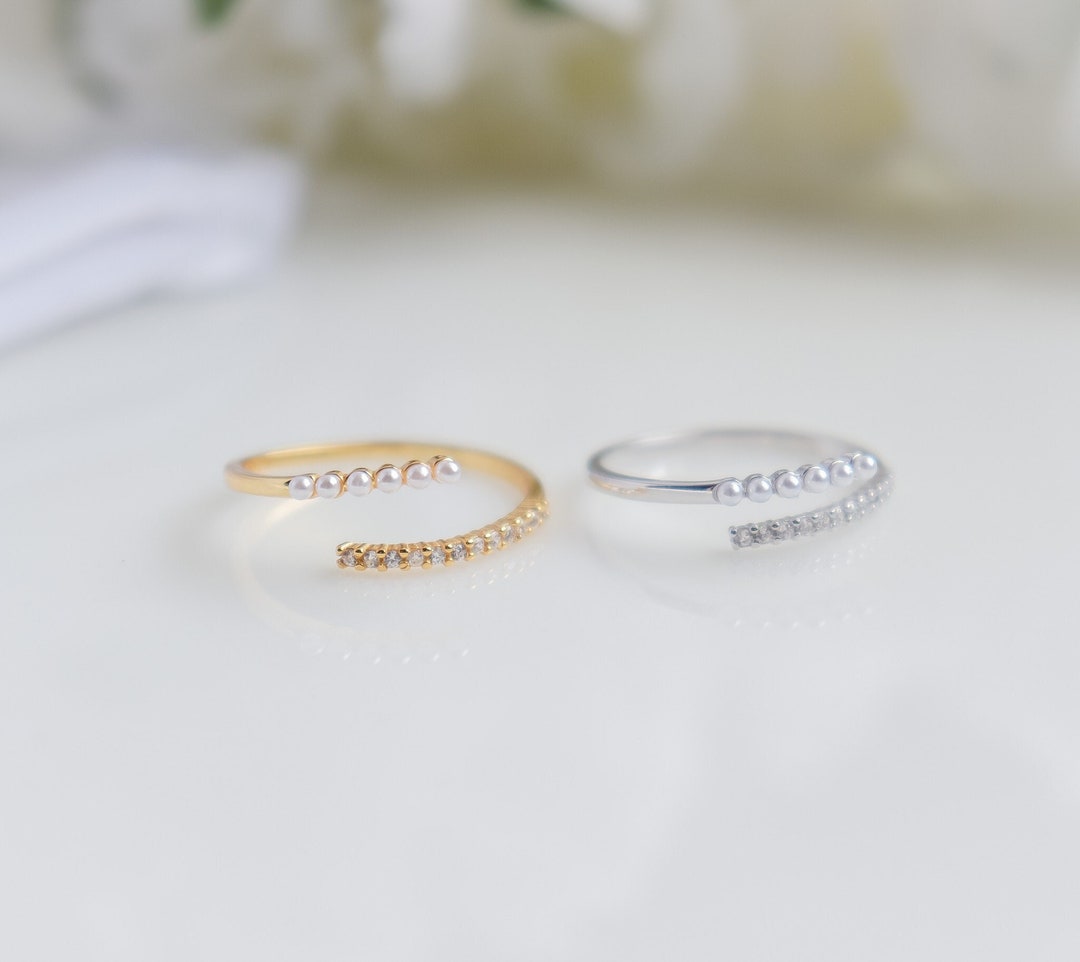 Crystal Ring, Resizable Ring, Studded Ring, Pearl Ring, Zircon Ring, 18K Gold Simple Statement ...