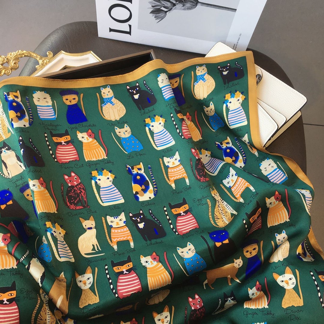 Silk Cat Print Scarves Gold Border Silky Kitty Scarf Green Cat Scarf - Etsy
