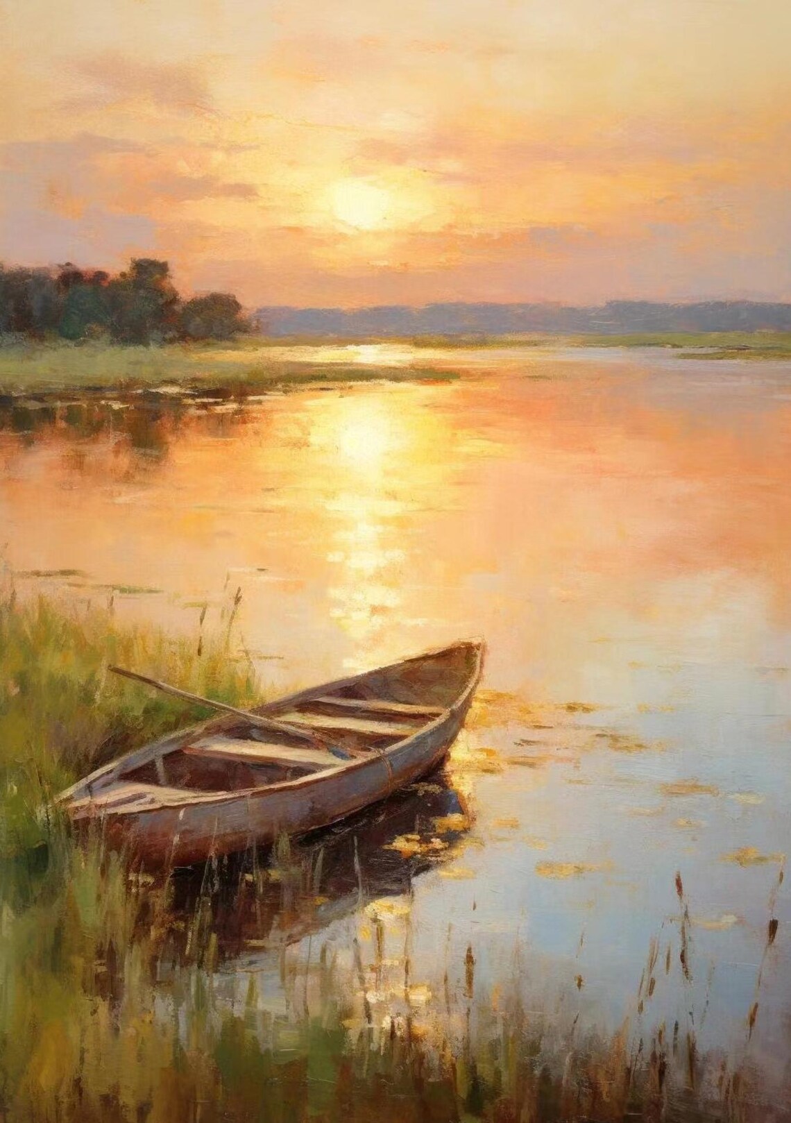 Landscape Painting of a Small Boat on the Lake at Sunset, in Orange and ...