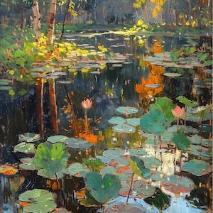 Secluded Lotus Pond,natural Poetic Charm of Green and Pink,original ...