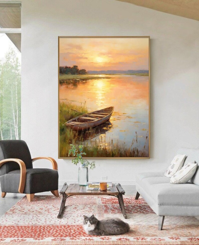 Landscape Painting of a Small Boat on the Lake at Sunset, in Orange and ...