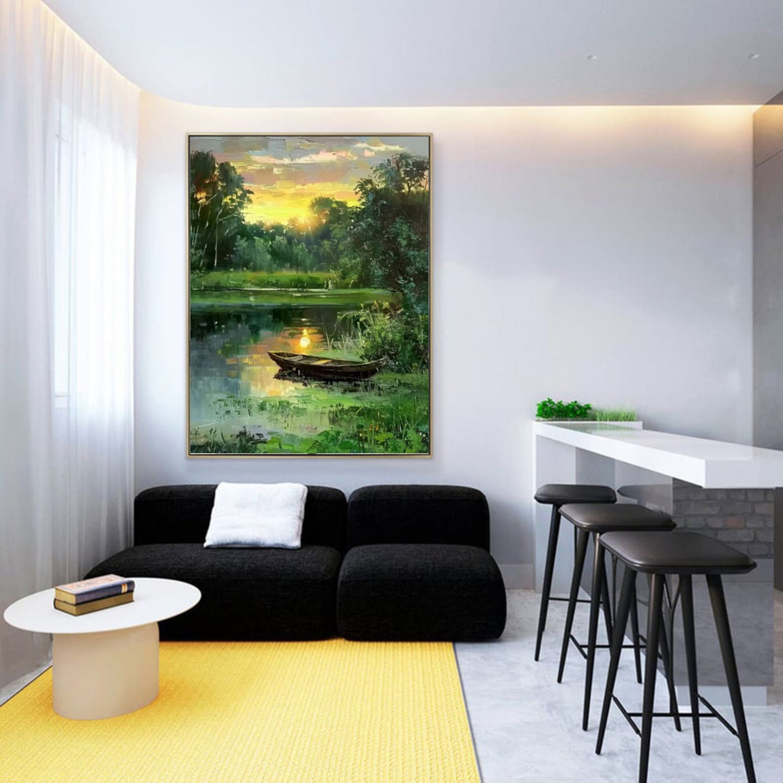 Twilight by the Lake,forest River Boat Landscape Painting,green,yellow ...