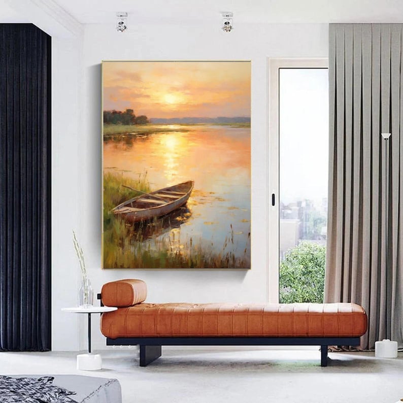 Landscape Painting of a Small Boat on the Lake at Sunset, in Orange and ...