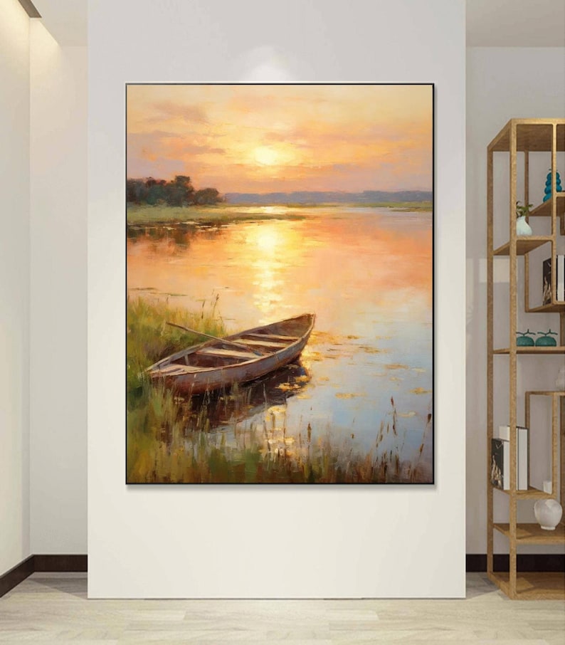 Landscape Painting of a Small Boat on the Lake at Sunset, in Orange and ...