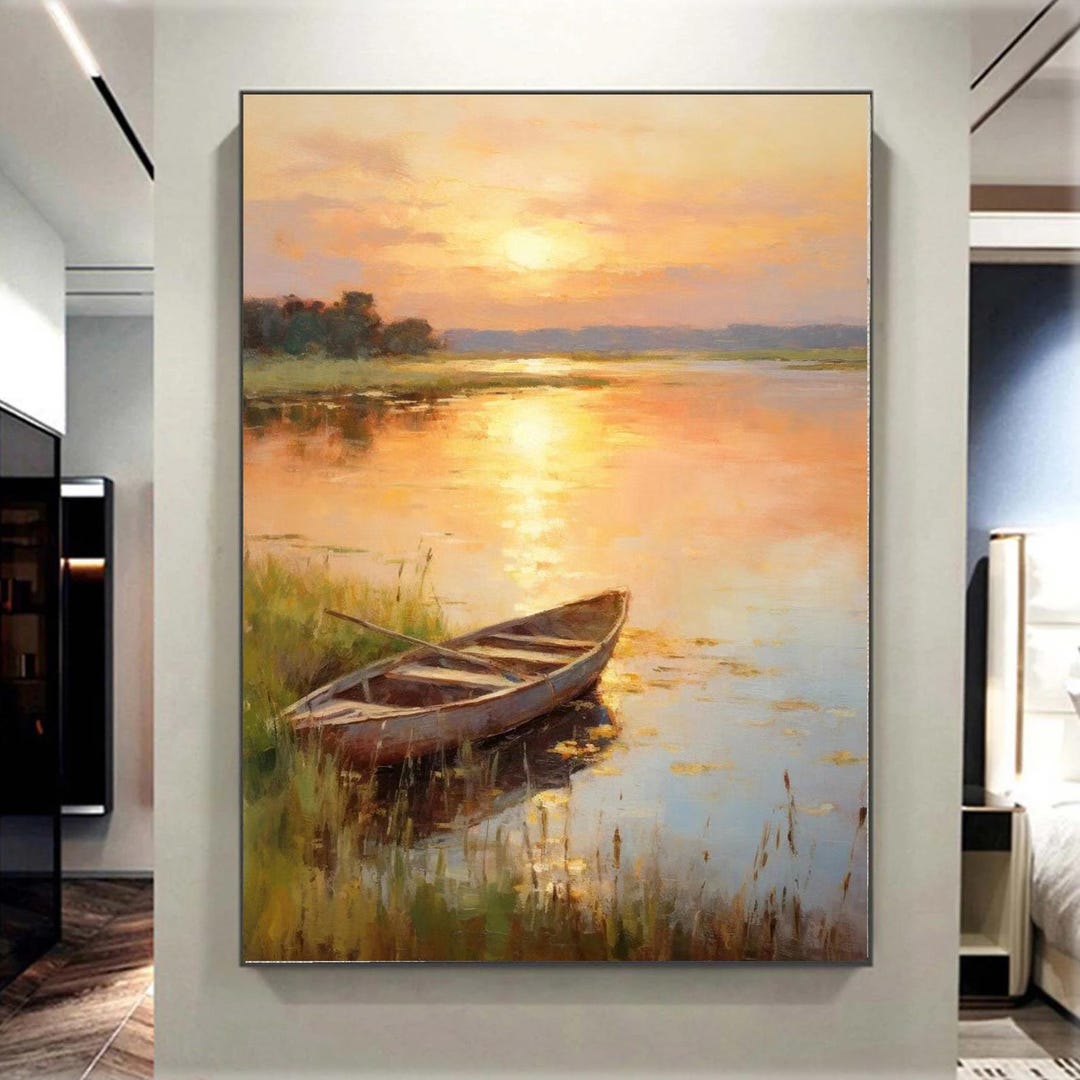 Landscape Painting of a Small Boat on the Lake at Sunset, in Orange and ...