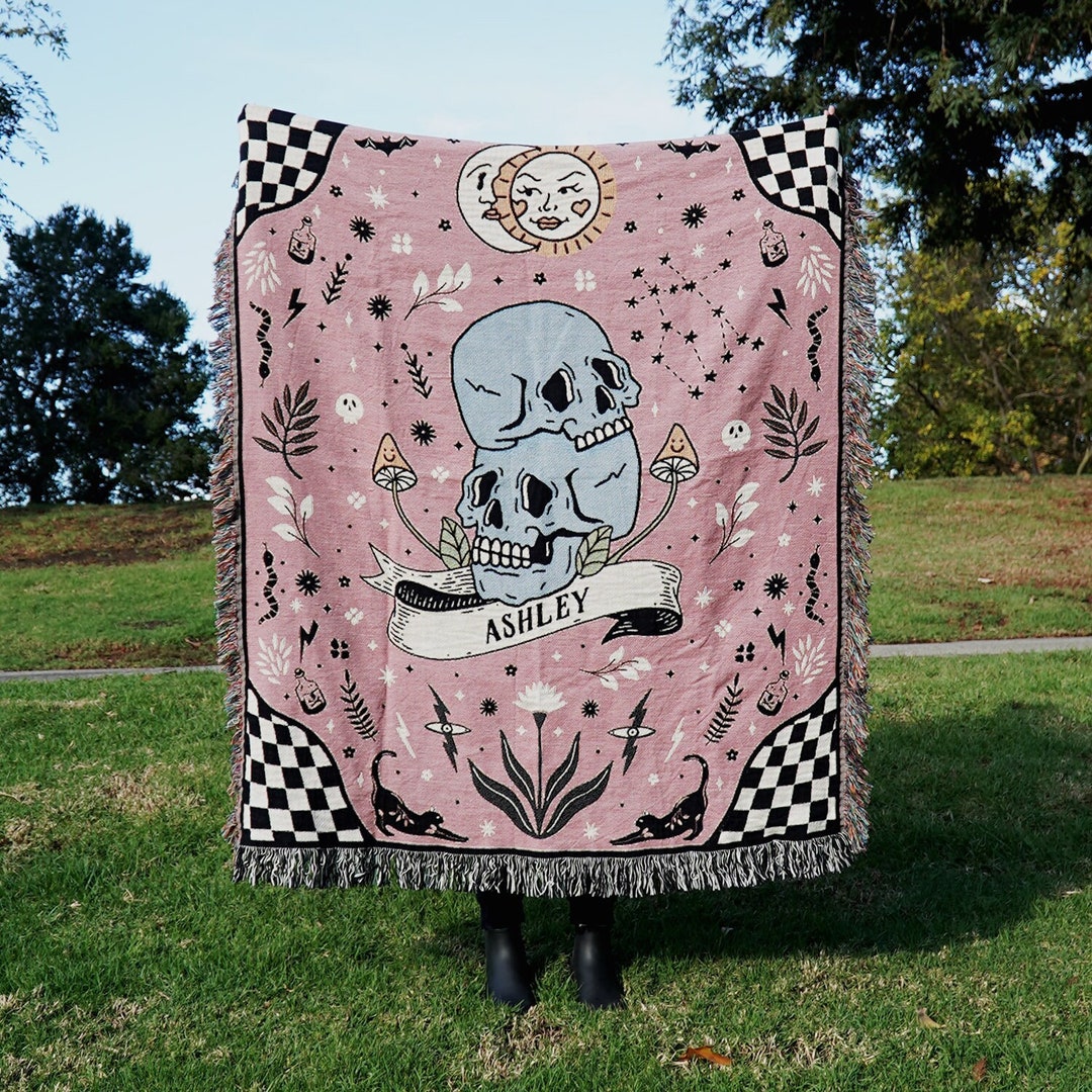 Personalized Skull Zodiac Sign Woven Throw Blanket Custom Astrology ...