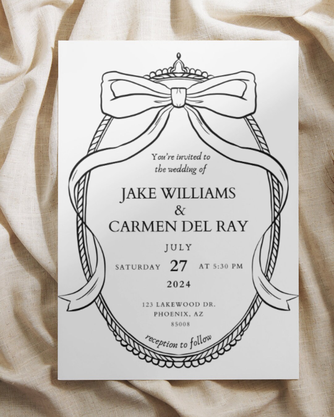 Elegant Bow Wedding Invitation Suite Template Editable & Printable ...