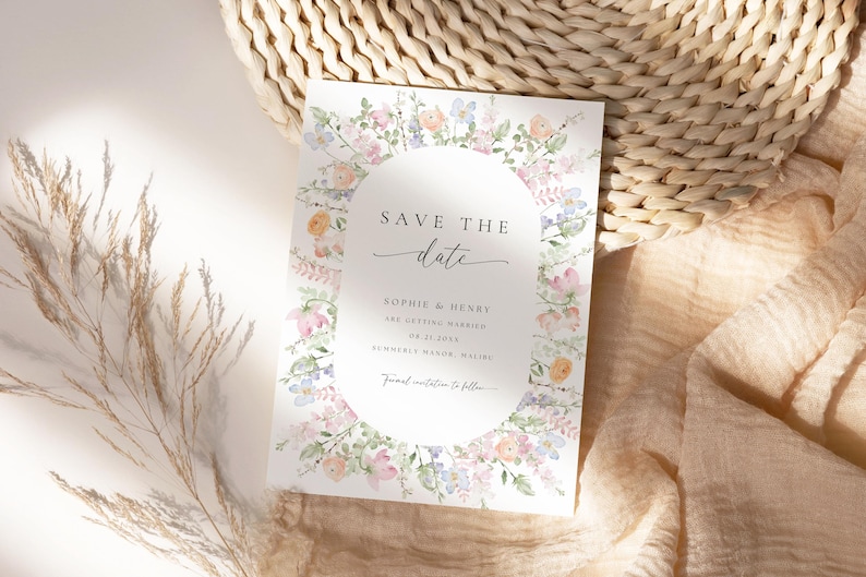 Wildflower Save the Date Photo Card, Editable Wedding Invitation ...
