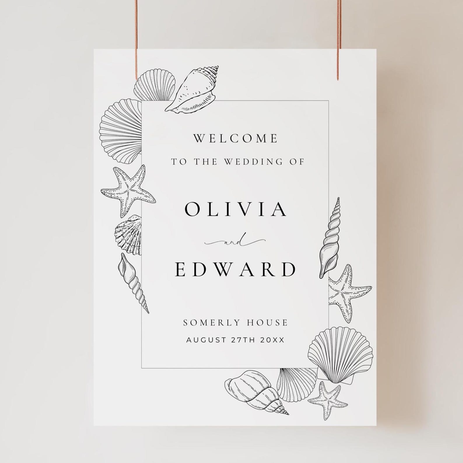 Beach Wedding Welcome Sign, Coastal Shell Decor Editable Template ...