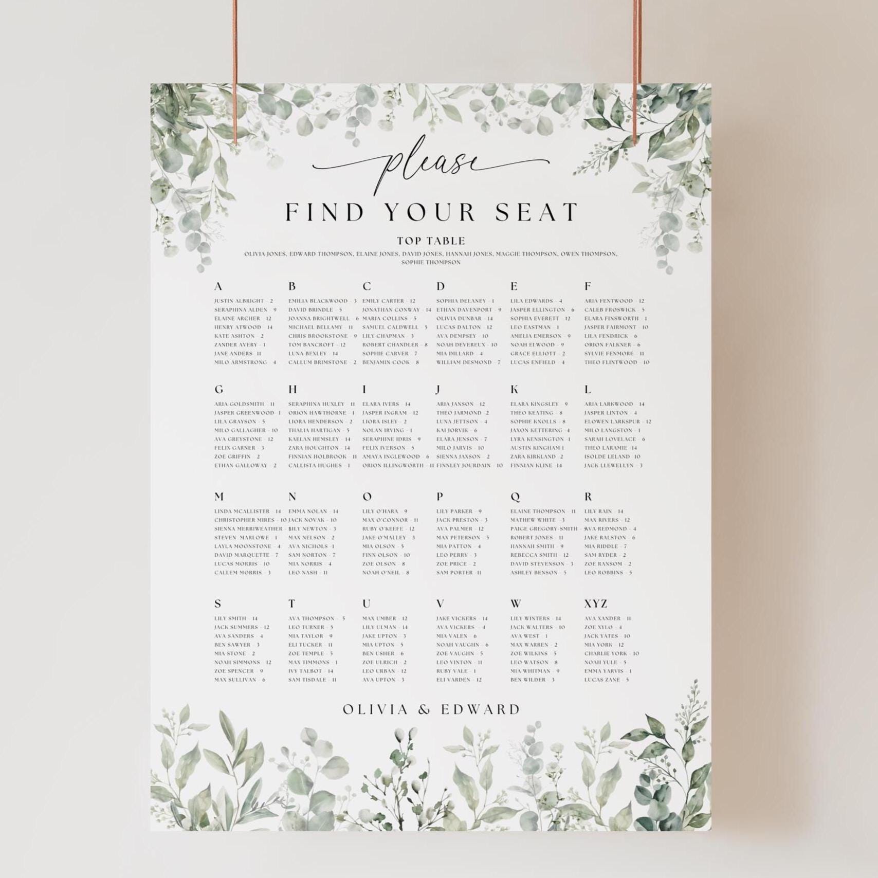 Greenery Wedding Seating Chart Template, Large Find Your Seat Poster ...