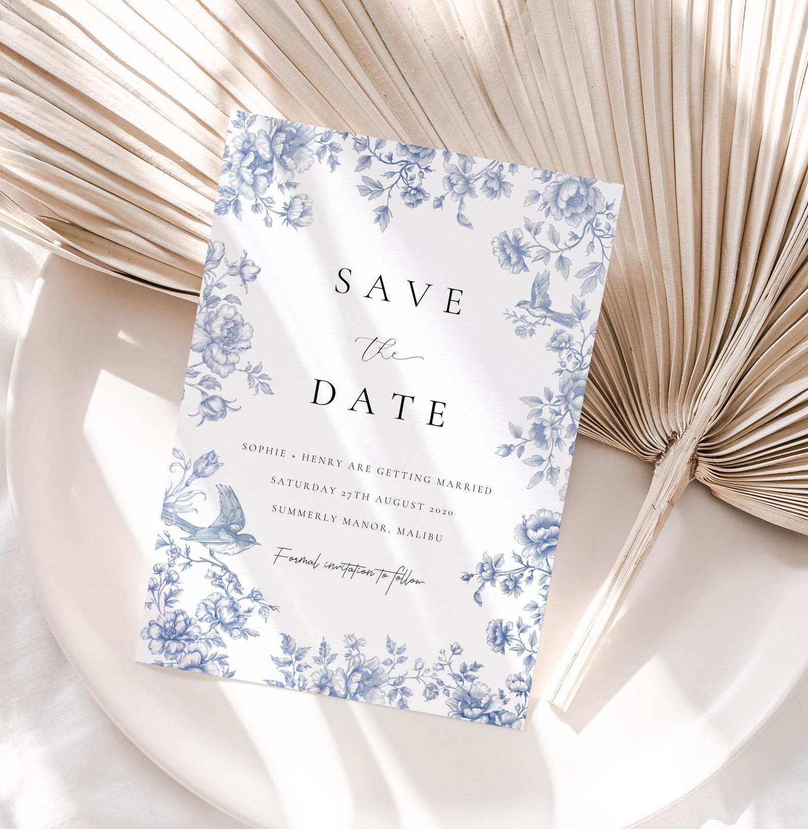 Blue Toile Save the Date: Floral Wedding Printable Template (5x7 ...