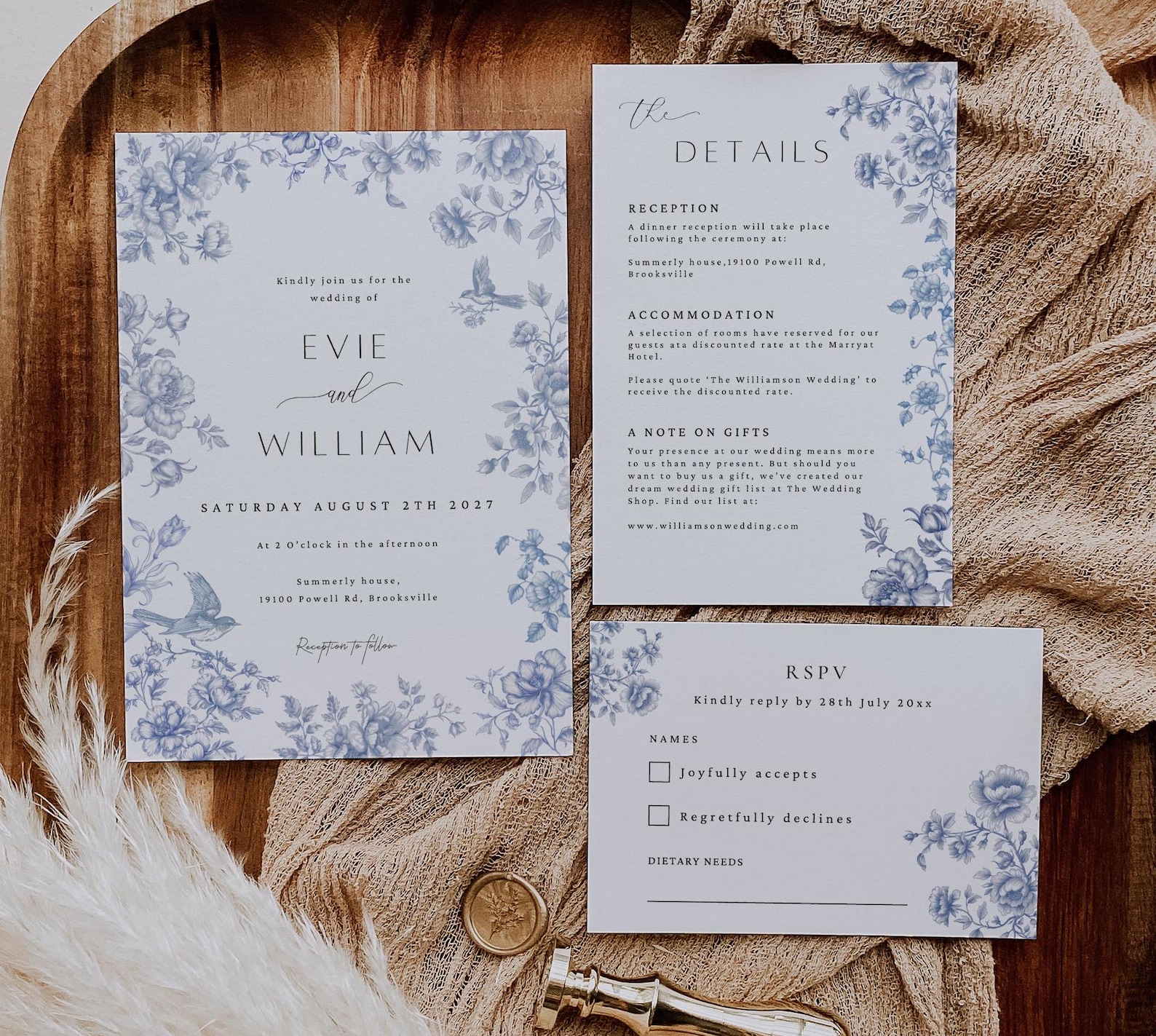 French Toile Wedding Invites Blue Toile Wedding Invitation Wedding ...