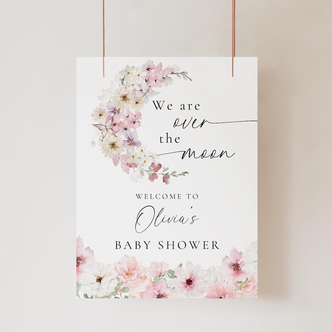 Pink Over the Moon Baby Shower Welcome Sign - Girl Baby Shower Poster ...