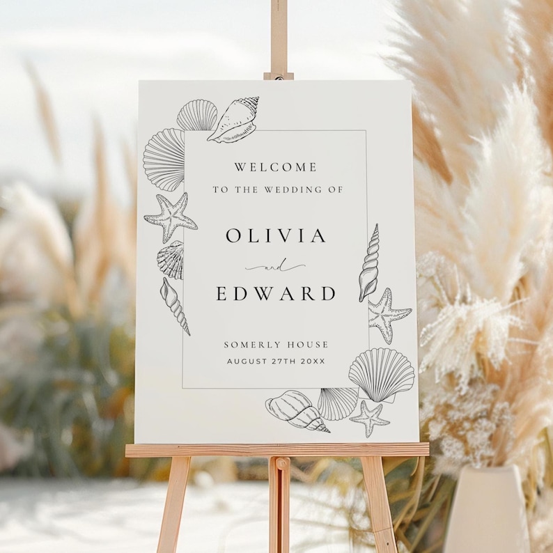 Beach Wedding Welcome Sign, Coastal Shell Decor Editable Template ...