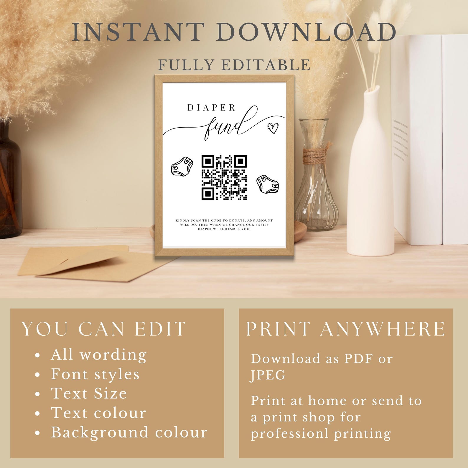 QR Code Diaper Fund Sign: Minimalist Baby Shower (editable, Instant ...