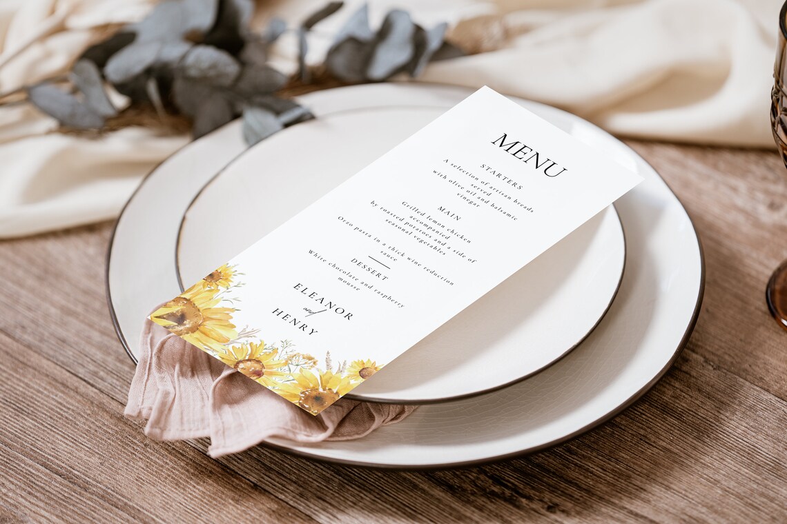 Sunflower Wedding Menu Template: Botanical Floral Design (digital ...