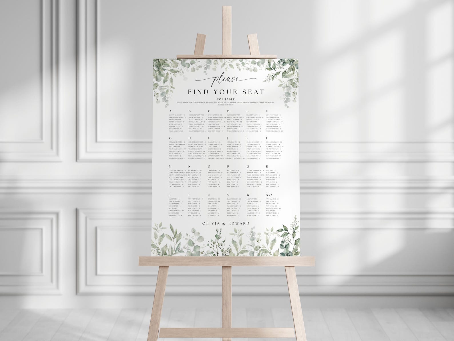 Greenery Wedding Seating Chart Template, Large Find Your Seat Poster ...