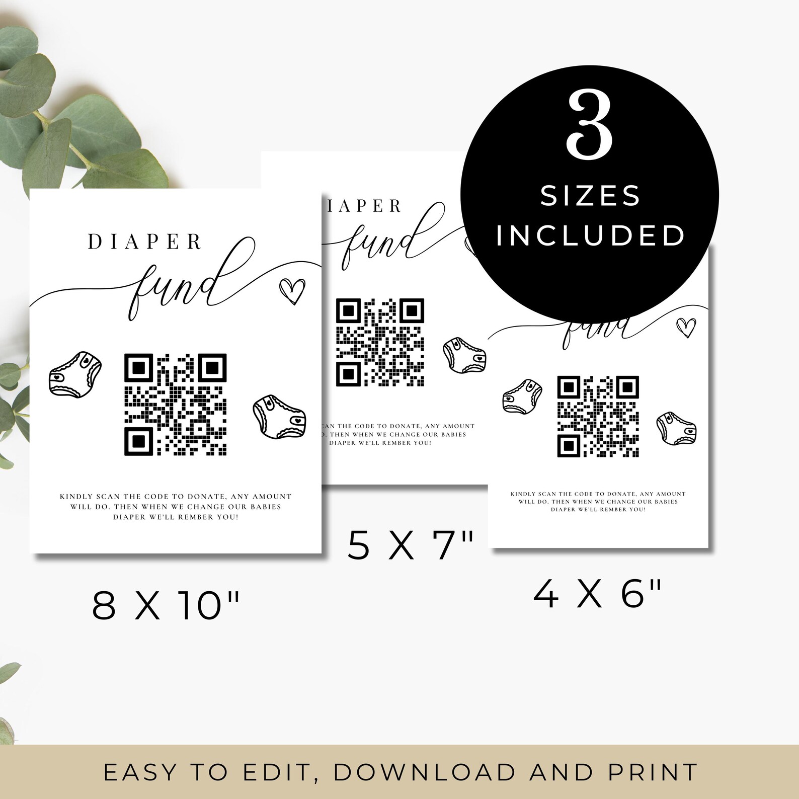 QR Code Diaper Fund Sign: Minimalist Baby Shower (editable, Instant ...