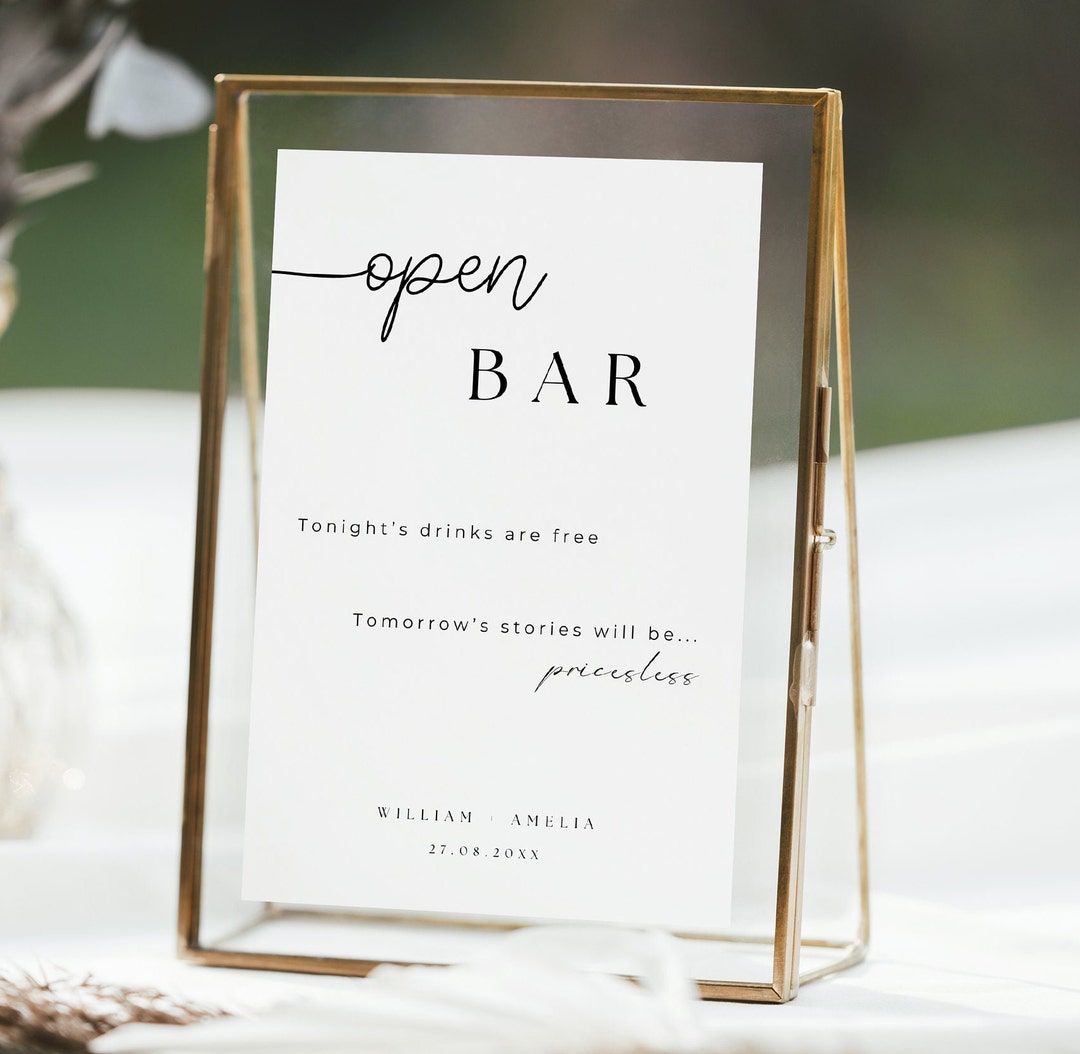 Simple Monochrome Open Bar Sign Editable Template, Drinks Sign Template ...
