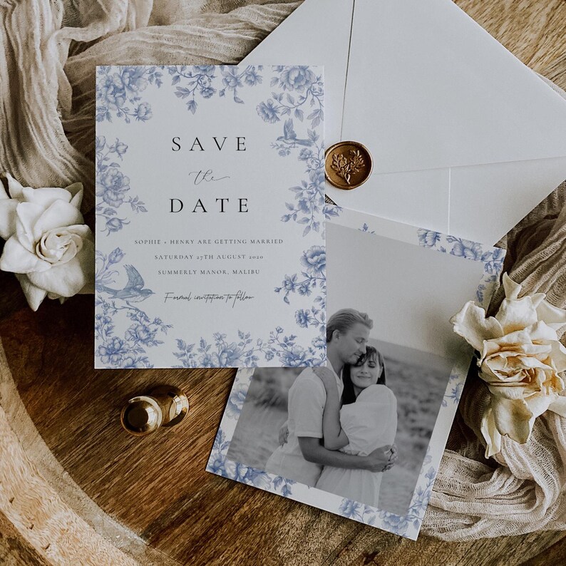 Blue Toile Save the Date: Floral Wedding Printable Template (5x7 ...
